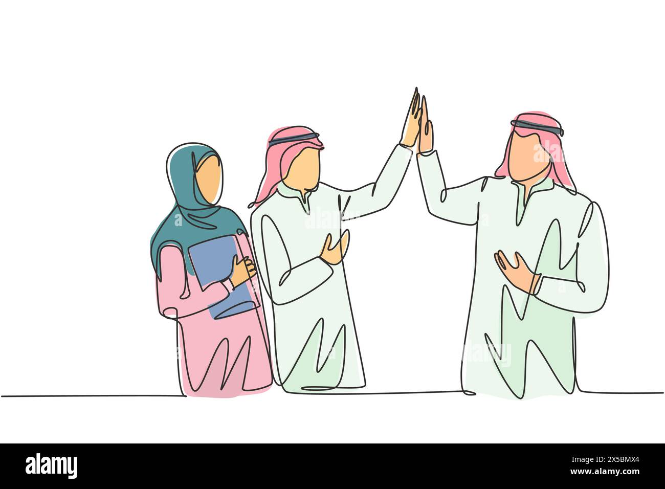 One single line drawing of young muslim employees giving high five ...
