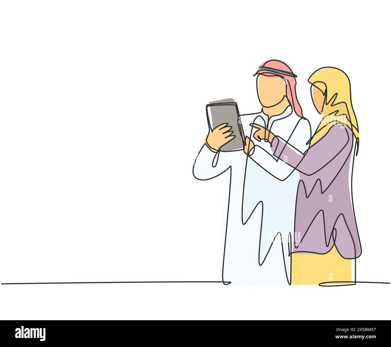 Single continuous line drawing of young muslim marketing manager ...