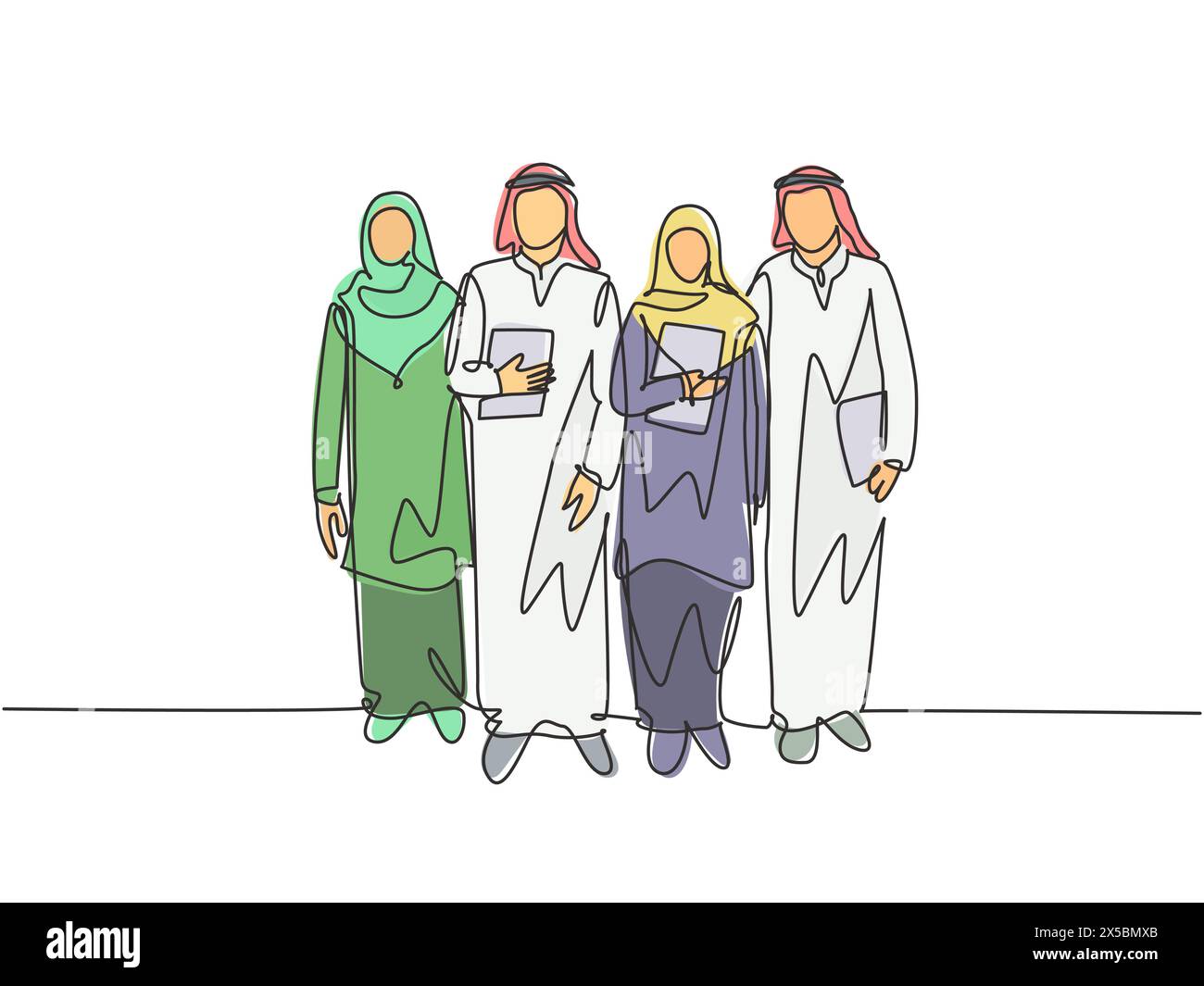 One continuous line drawing of young happy muslim workers walking ...