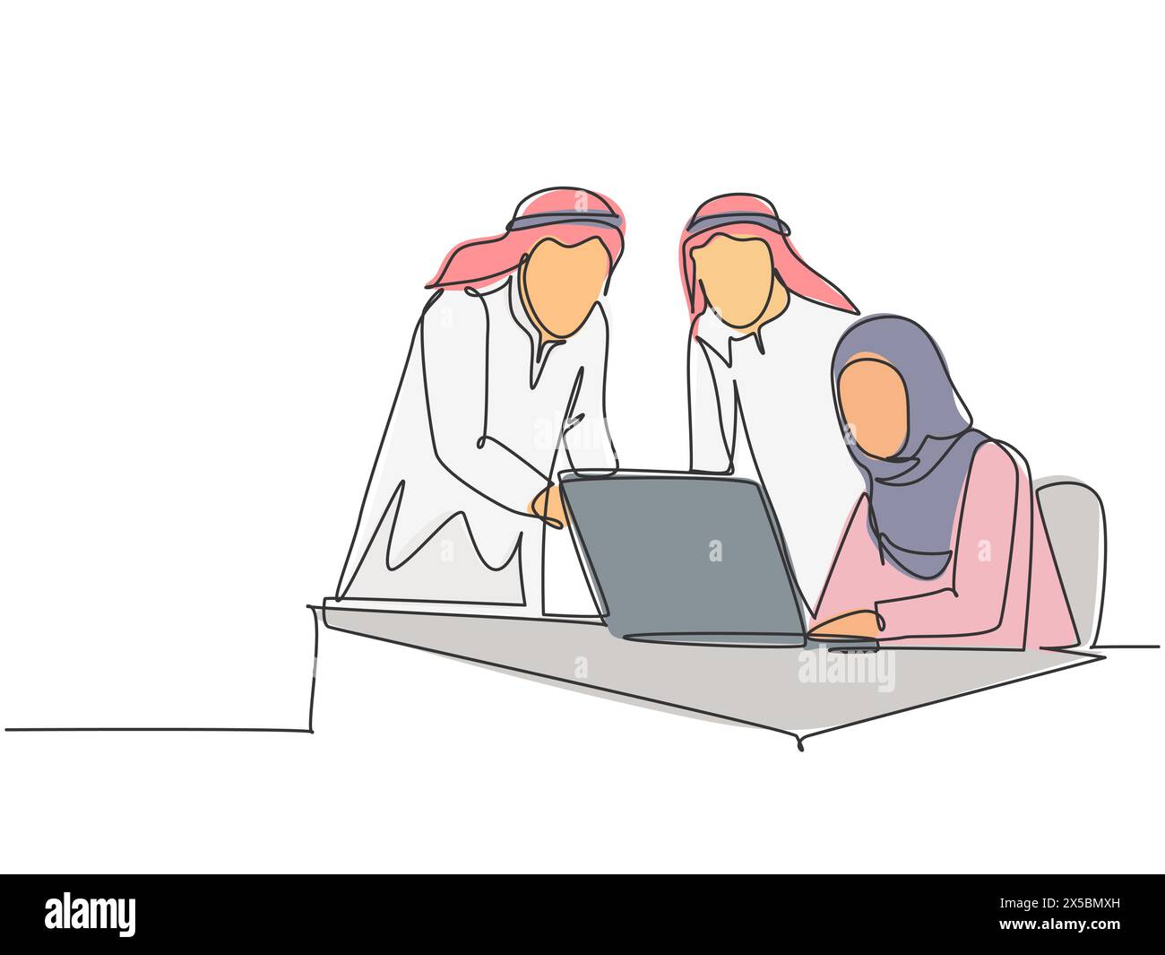 One single line drawing of young happy muslim workers discussing sales ...