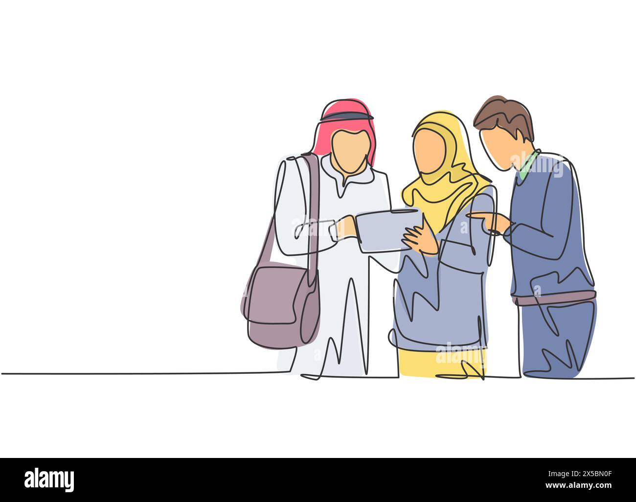 Single continuous line drawing of young male and female muslim worker ...