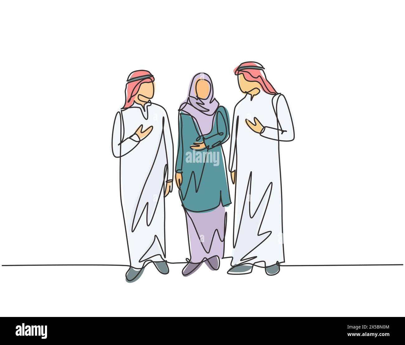 One single line drawing of young urban muslim commuter walking together ...