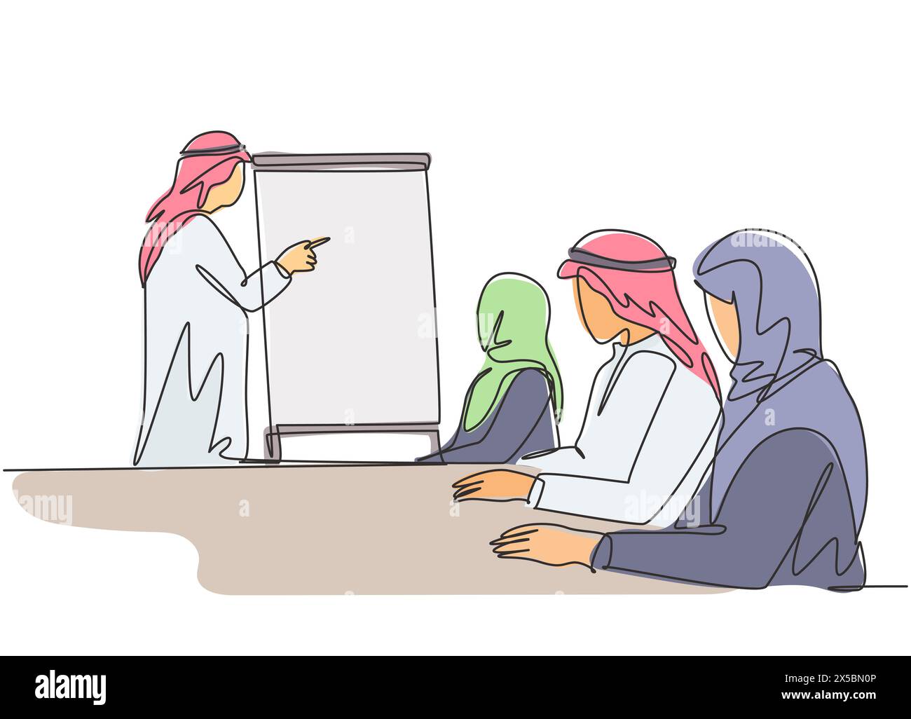 One single line drawing of young happy muslim startup founder ...