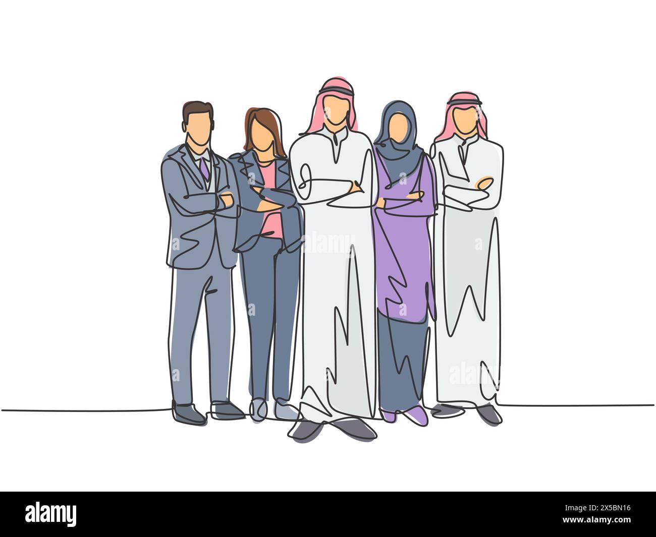 Single continuous line drawing of young male and female muslim staff ...