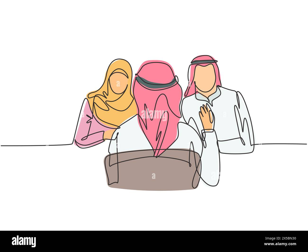 One single line drawing of young muslim stratup founder interviewing ...