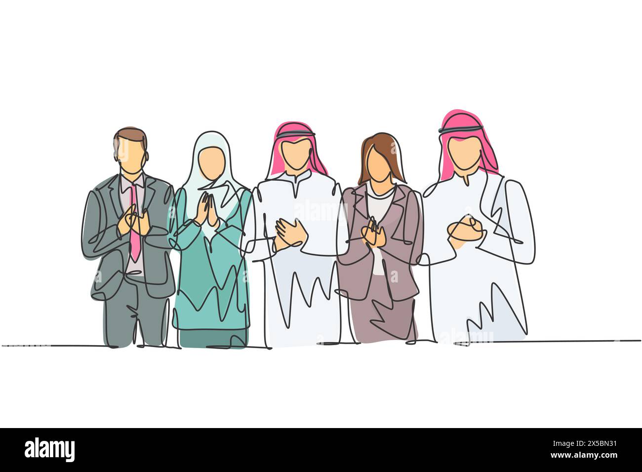 One continuous line drawing of young businessmen and businesswomen line ...