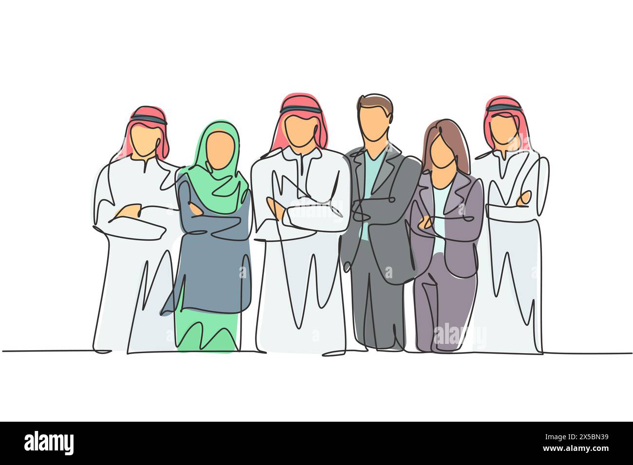 One continuous line drawing group of young muslim and multi ethnic ...