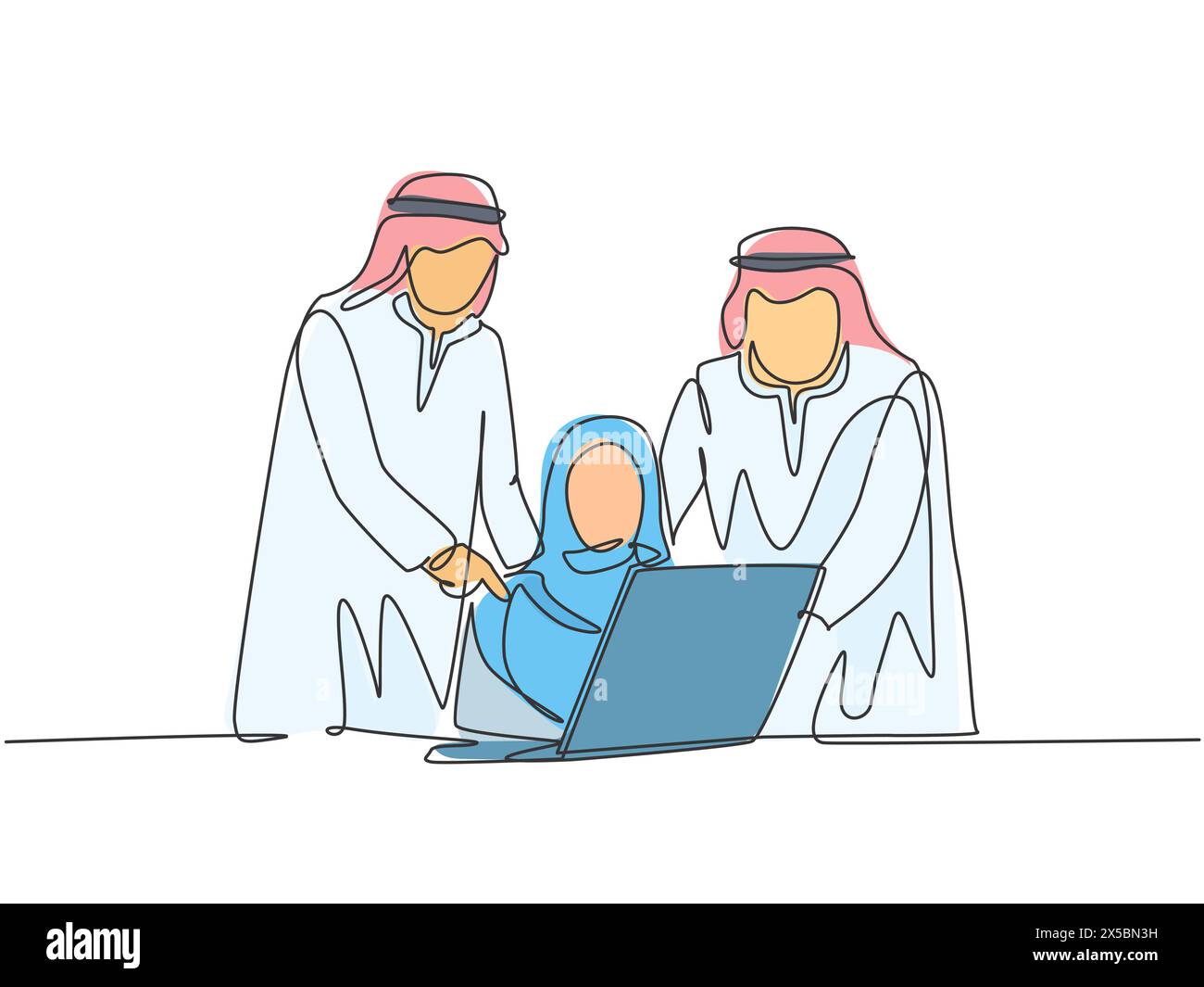 Single continuous line drawing of young happy muslim workers watching ...