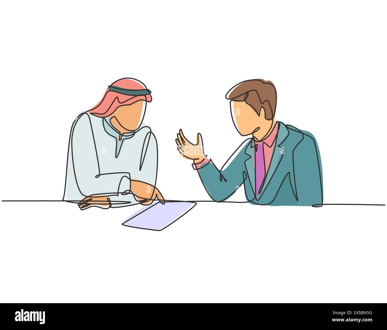Single continuous line drawing of young muslim discussing business deal ...