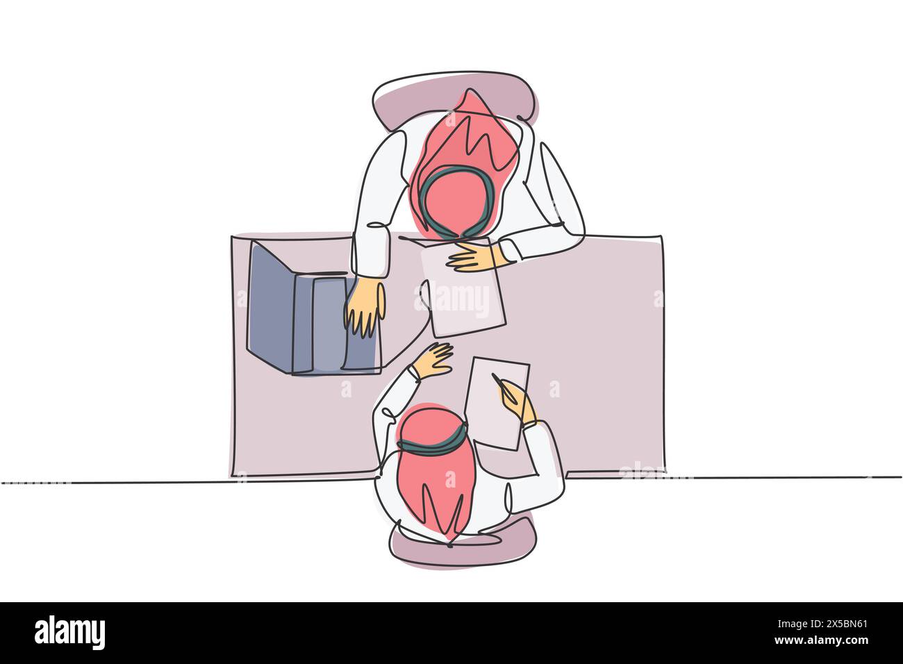 One single line drawing of young happy muslim businessman discussing ...