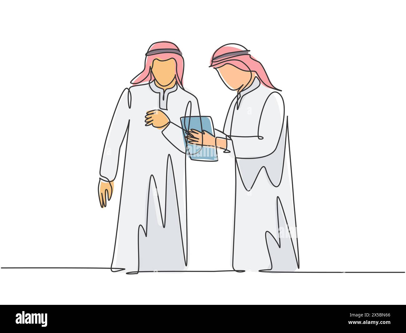 One single line drawing of young happy muslim managers discussing stock ...