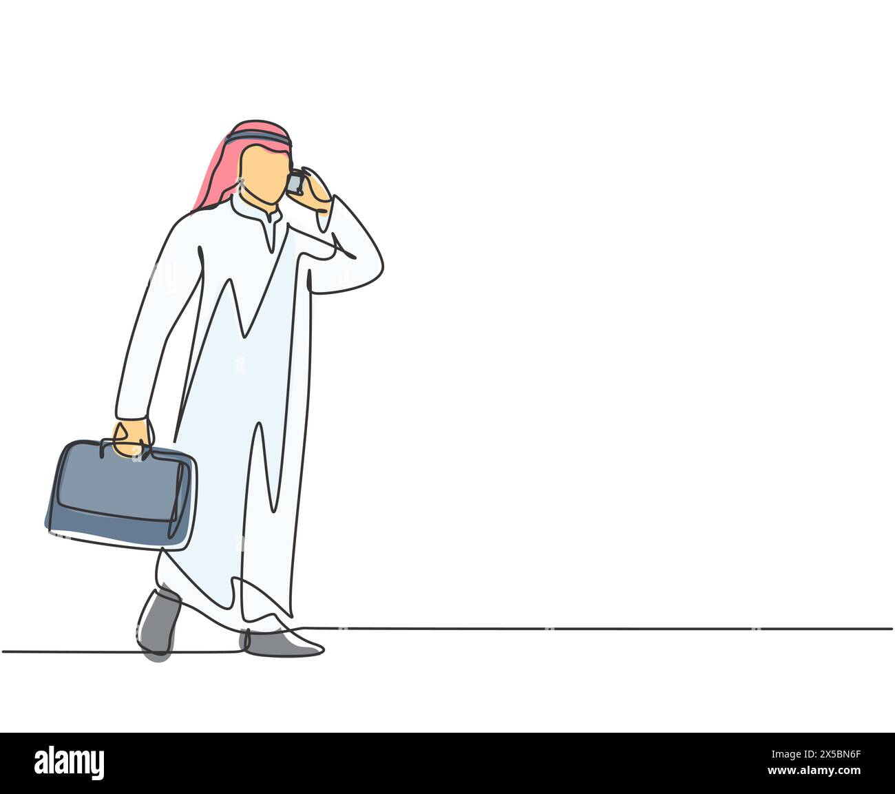 One single line drawing of young happy male muslim worker calling his ...