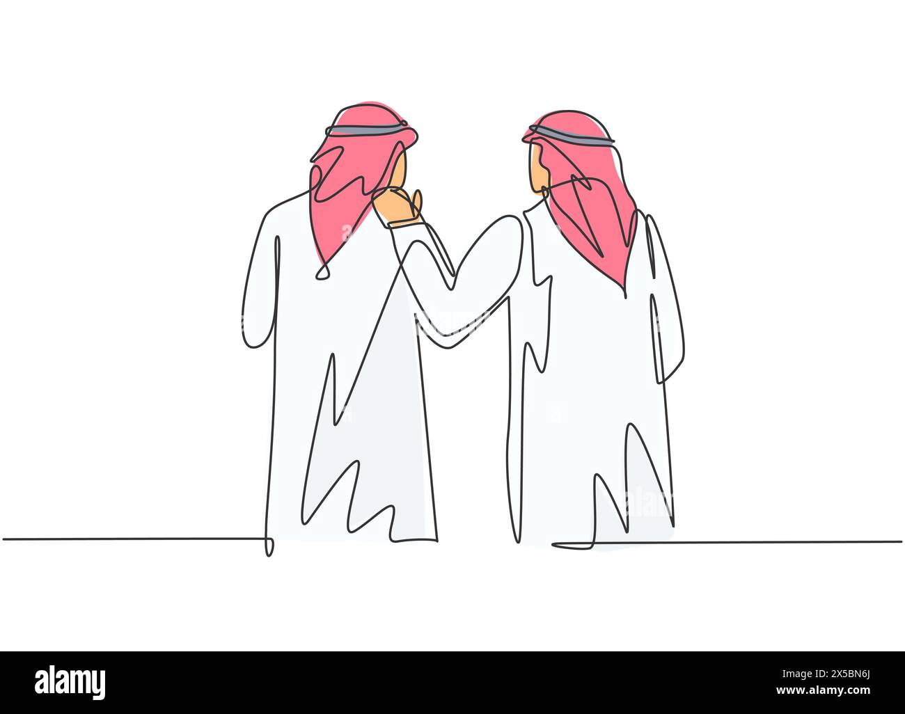 One single line drawing of young happy male muslim workers walking ...