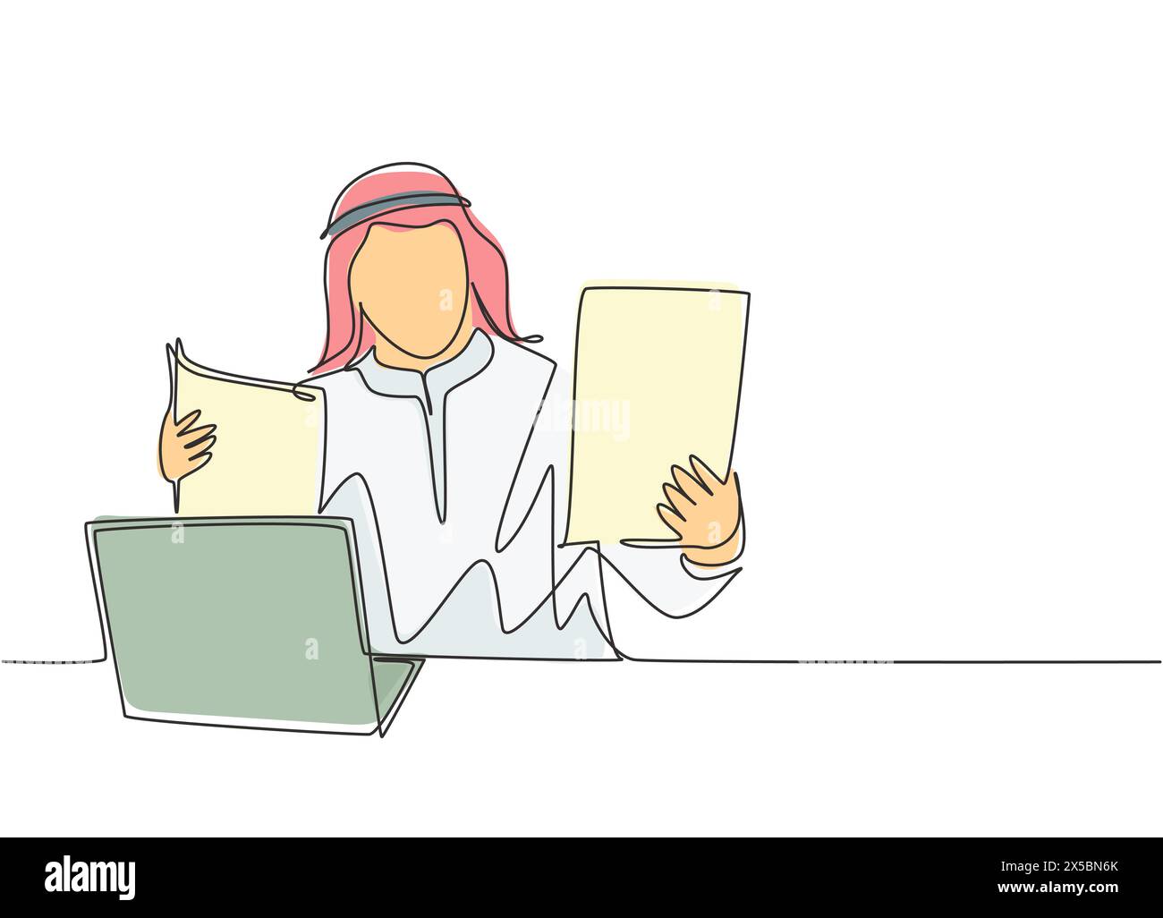 Single continuous line drawing of young male muslim businessman reading ...