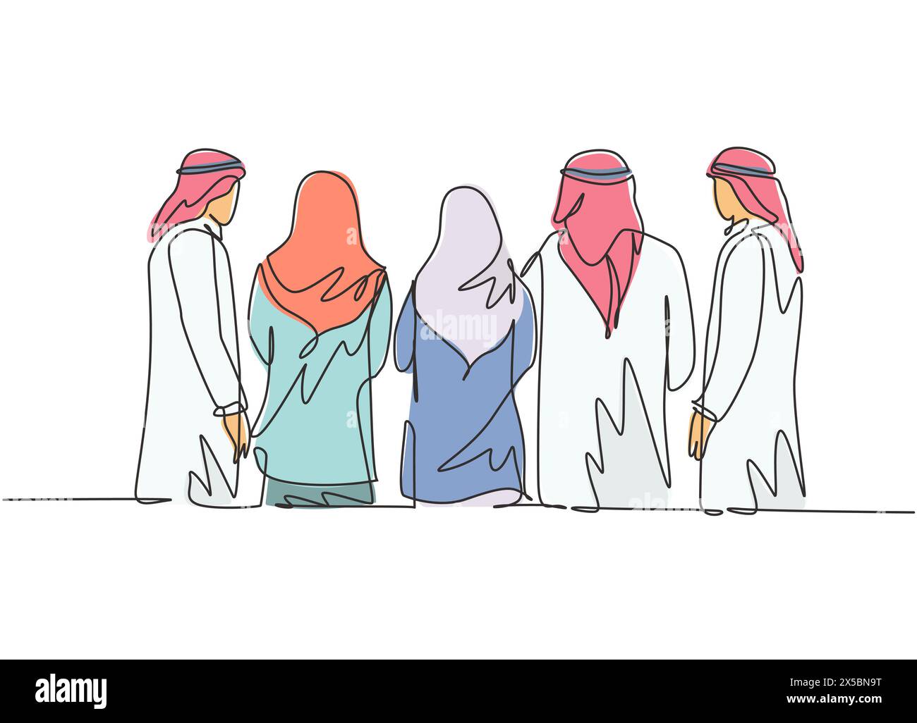 One continuous line drawing group of young muslim businessman and ...