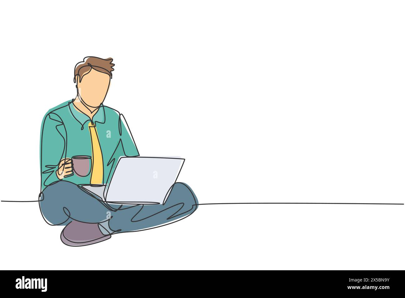 One continuous line drawing of young happy office worker sitting on the ...