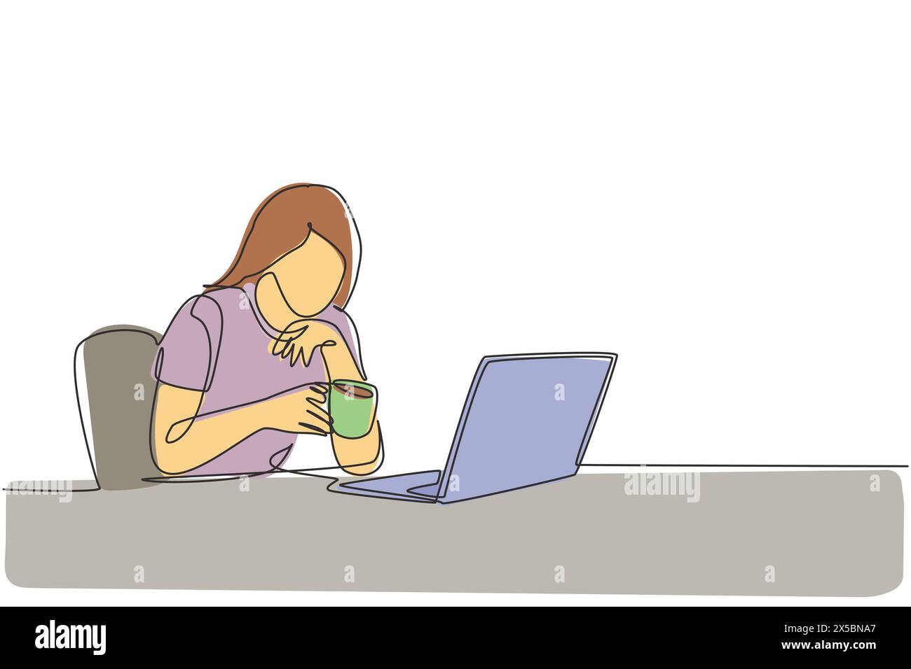 One single line drawing of young female employee staring at laptop and ...