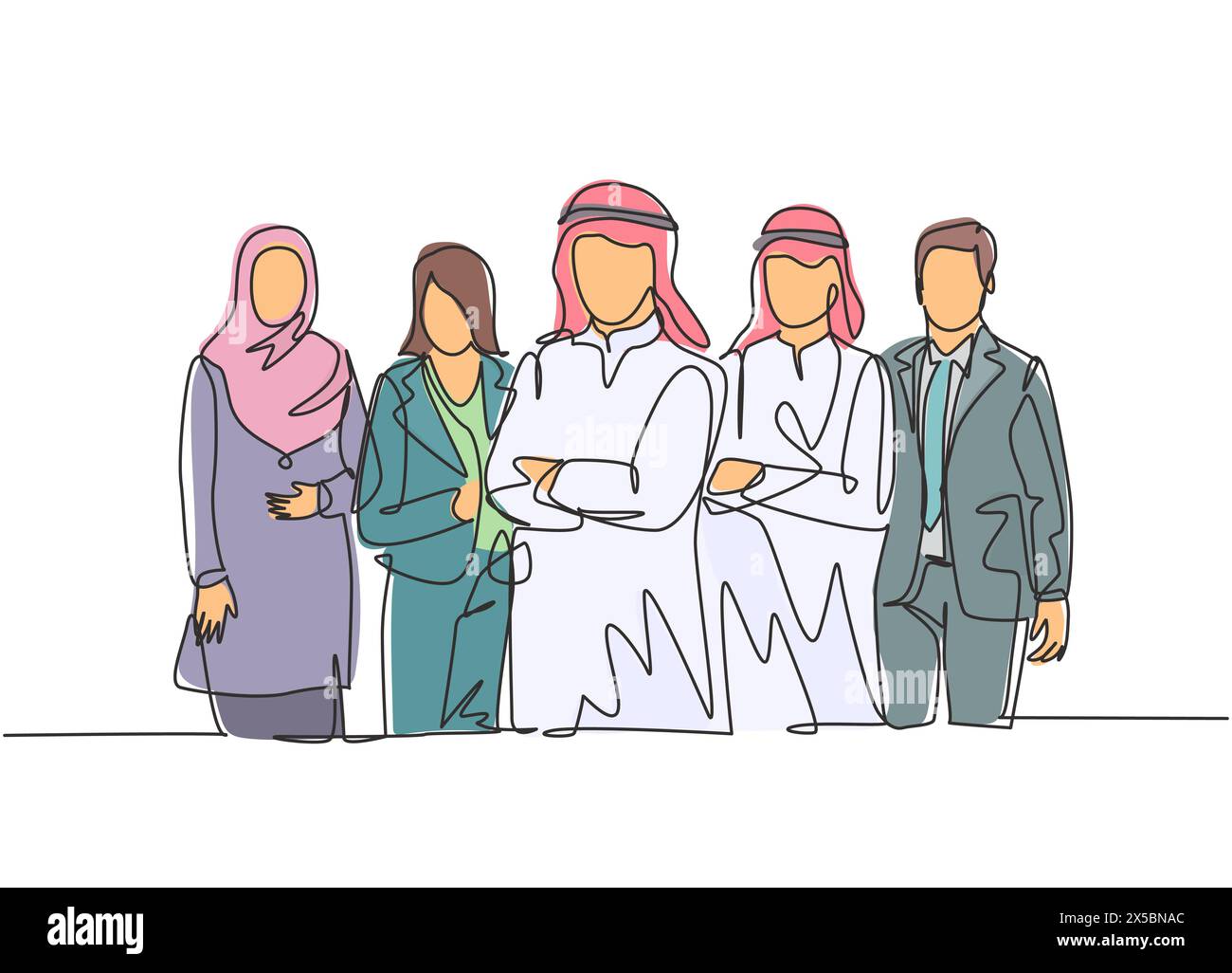One continuous line drawing group of young muslim and multi ethnic ...