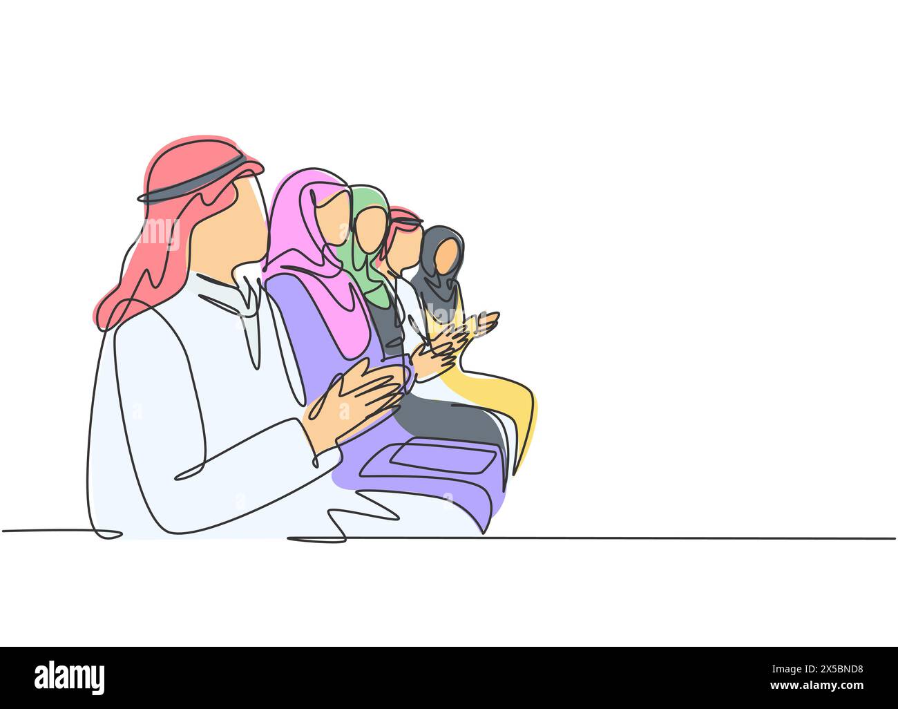 Single continuous line drawing of young male and female muslim workers ...