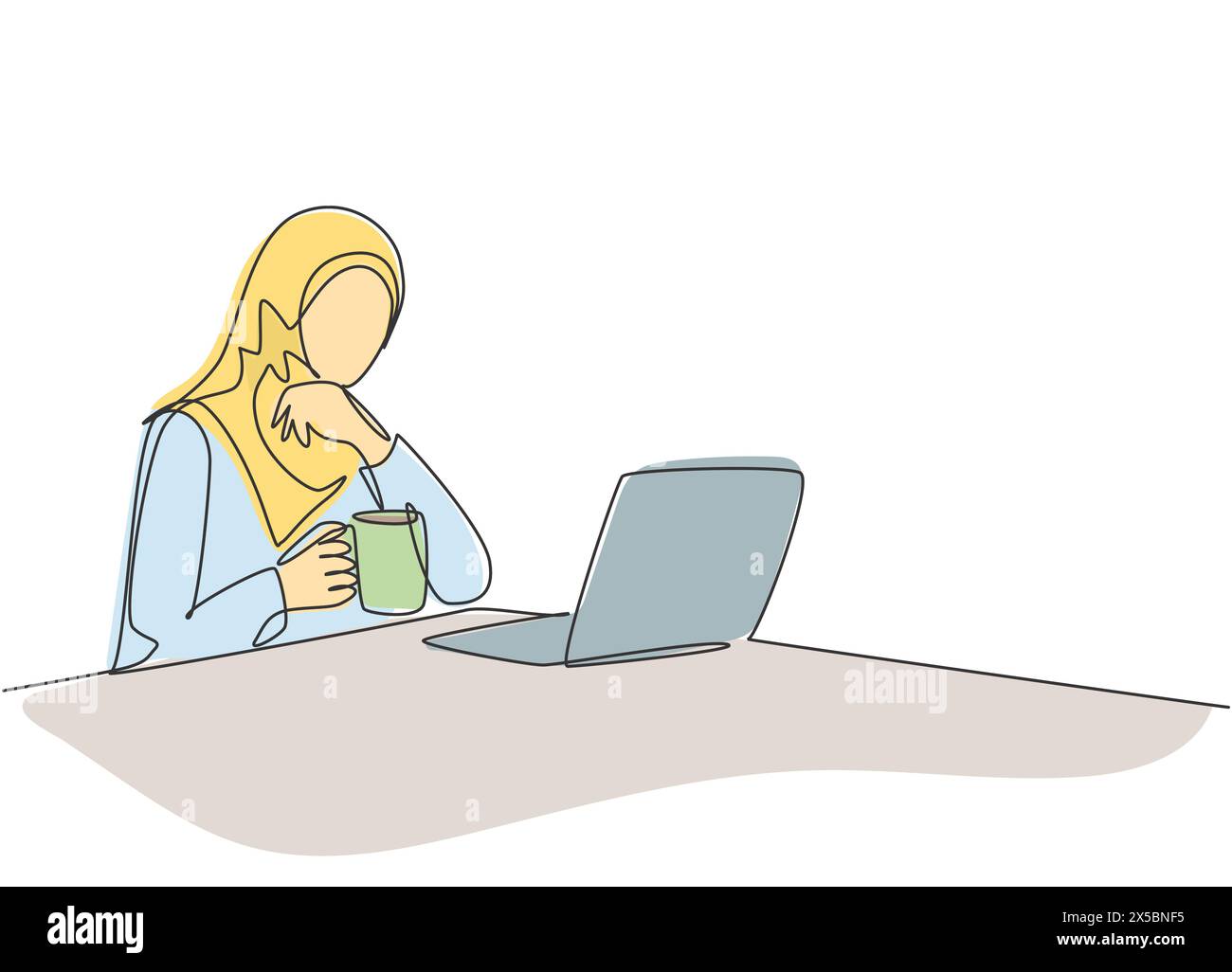 One continuous line drawing of young muslimah office worker take a ...