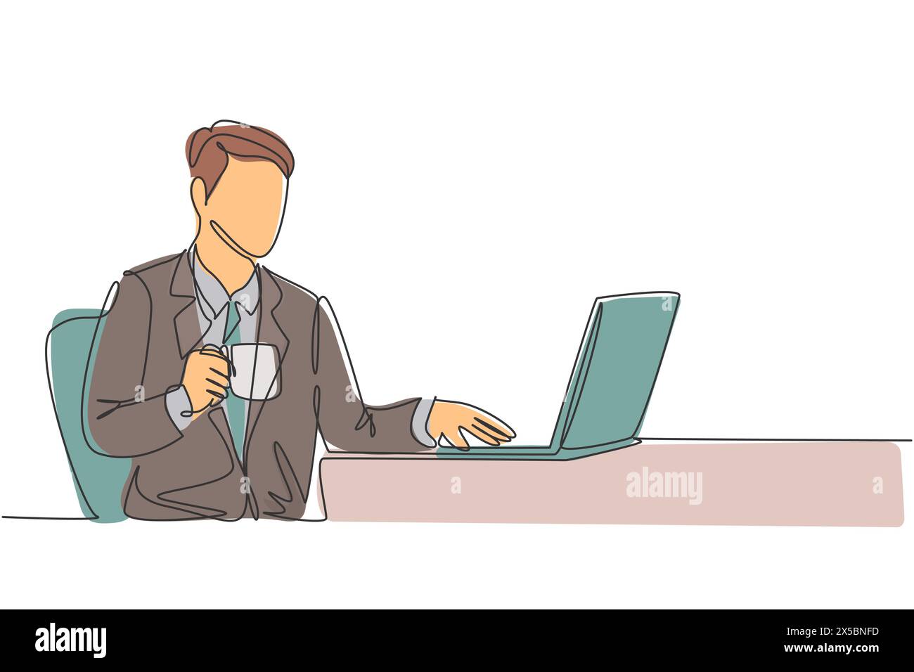 One single line drawing of young happy manager typing on a laptop ...