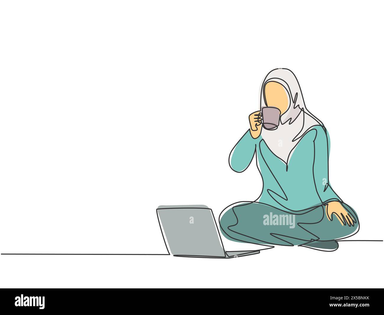 One single line drawing of young female muslimah college student take a ...