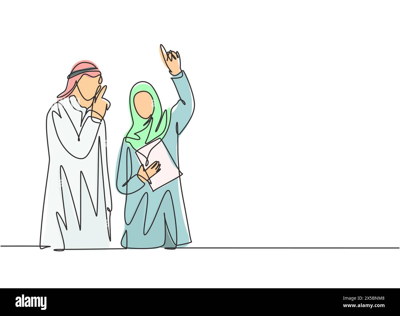 One single line drawing of young happy male and female muslim manager ...