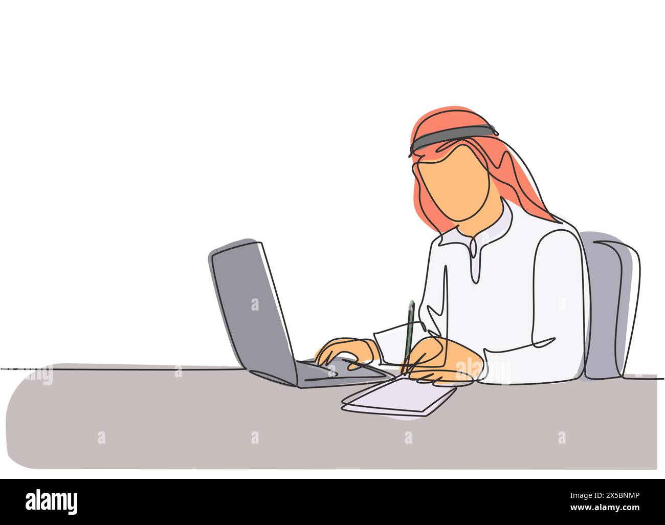 One single line drawing of young happy male muslim businessman writing ...
