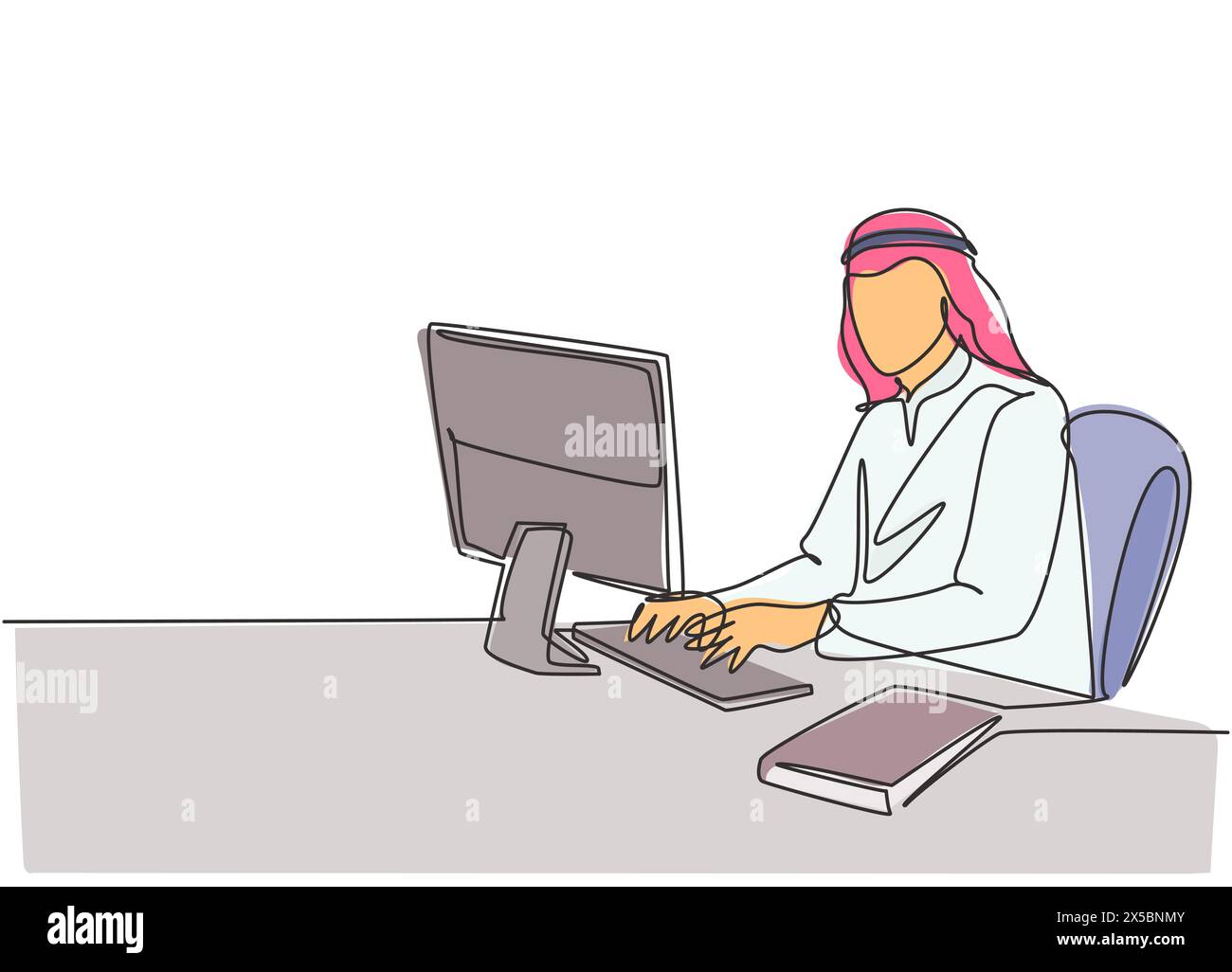 Single continuous line drawing of young male muslim worker typing a ...