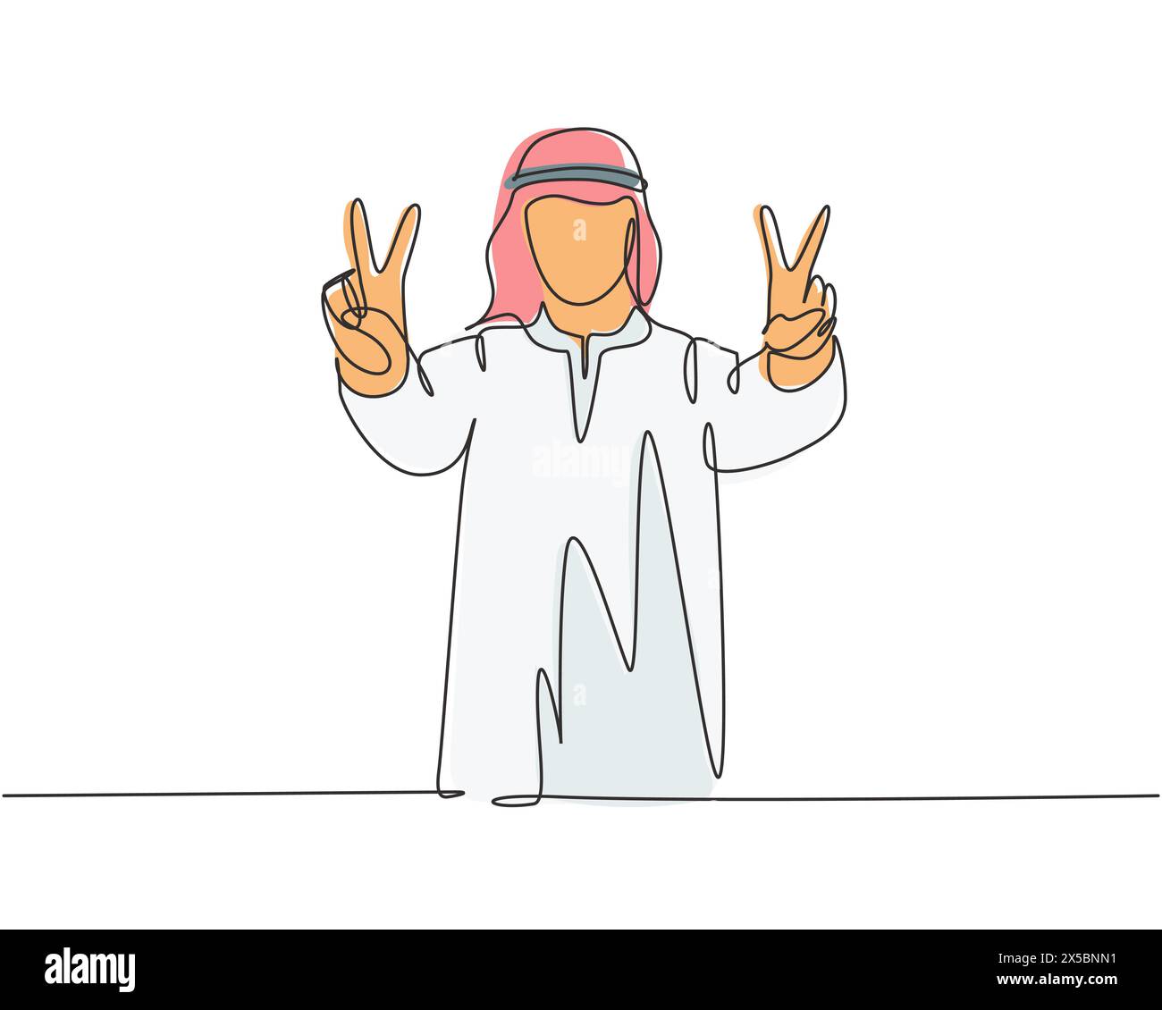 One continuous line drawing of young male muslim employee giving peace ...