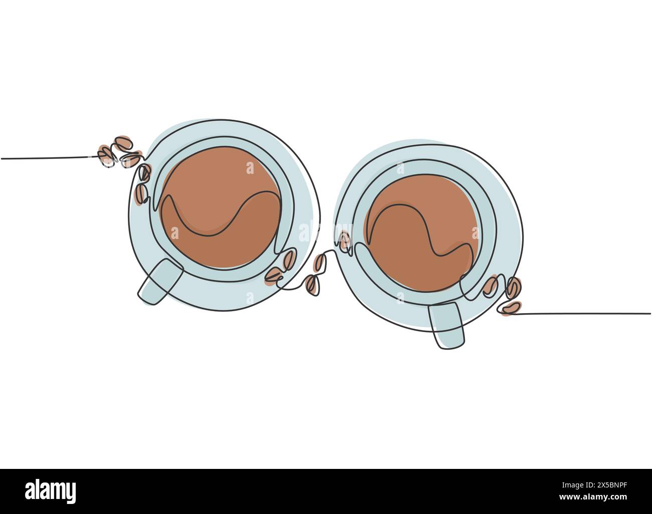 Single continuous line drawing of two cups of coffee with coffee beans ...