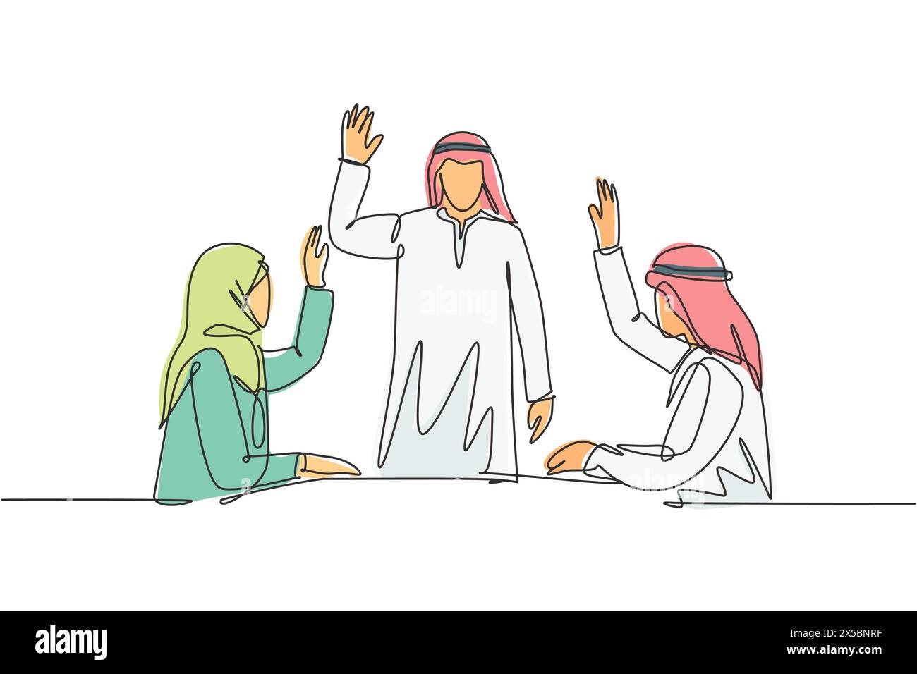 Single continuous line drawing of young male and female muslim company ...