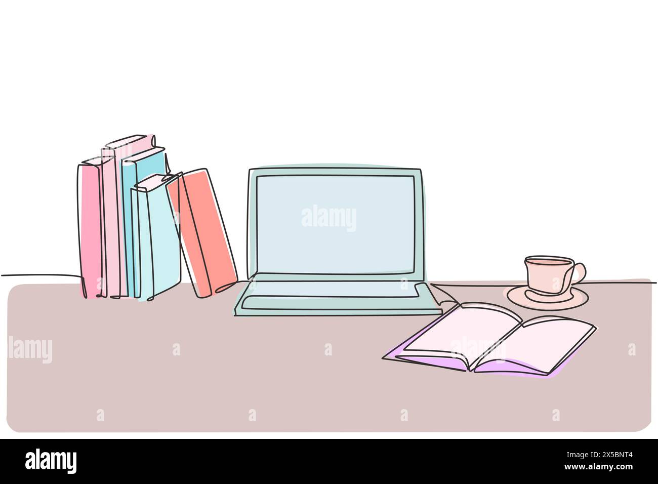 One continuous line drawing of stack of books line up with computer ...