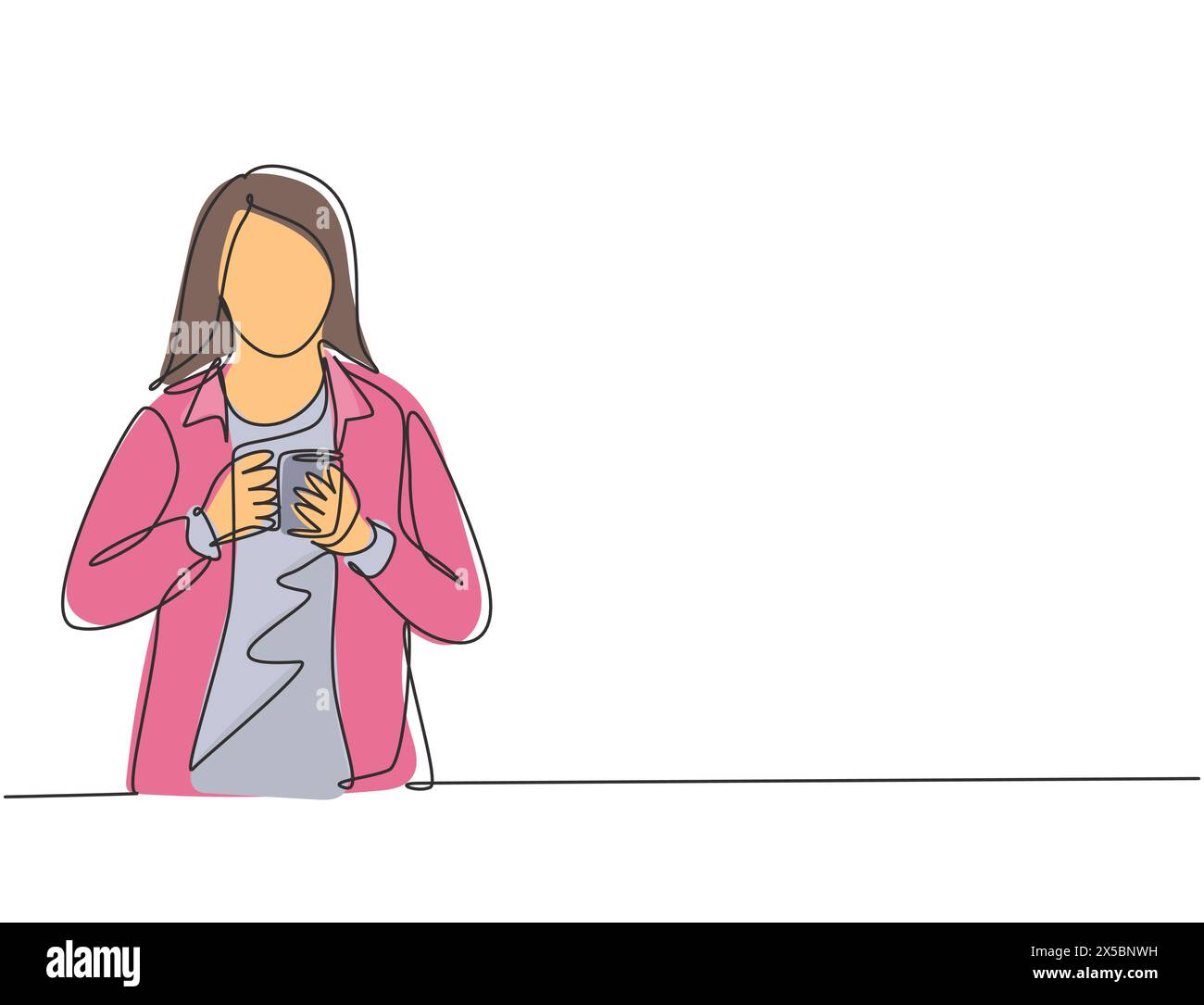 One continuous line drawing of young female employee thinking solution ...