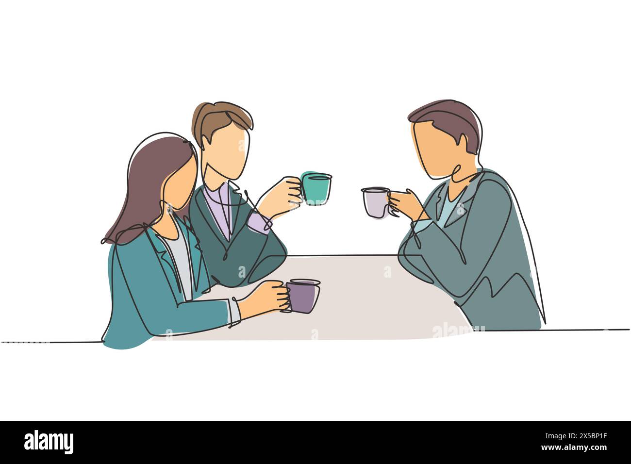 One continuous line drawing of young businessman and businesswoman ...