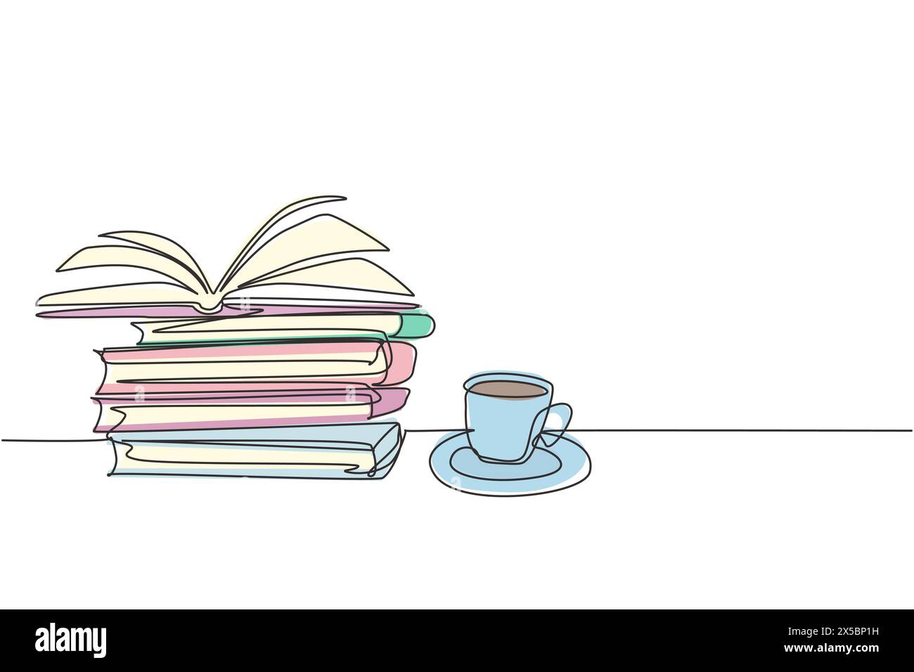 One single line drawing of opened page book with a cup of hot black ...