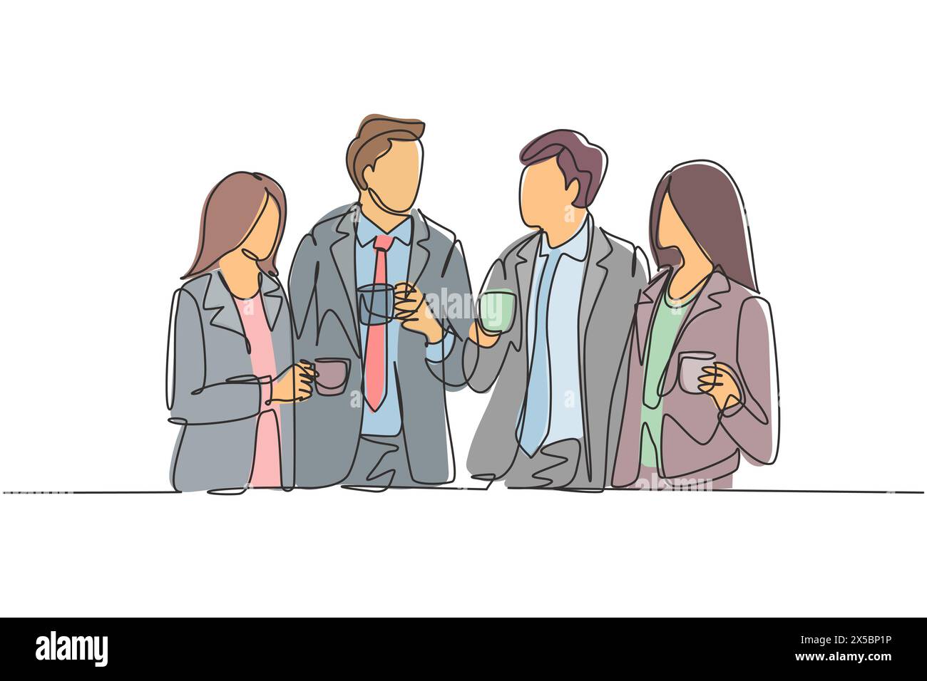 One single line drawing of young male and female office employees ...