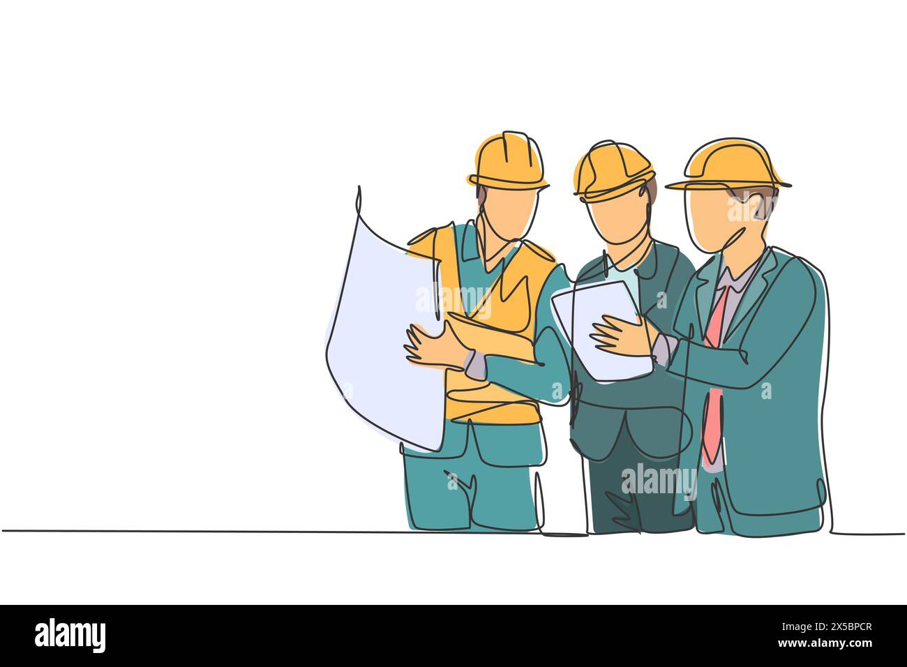 One continuous line drawing of young architect, manager and engineer ...