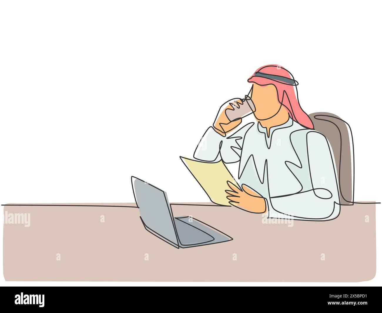 One continuous line drawing of young muslim businessman reading ...