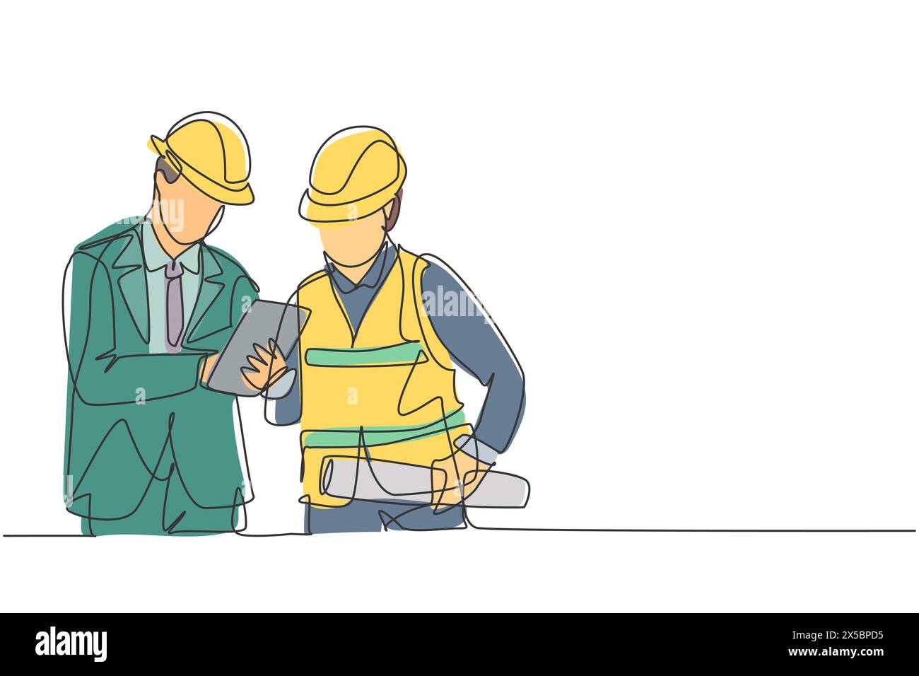 One single line drawing of young construction manager do short brief to ...