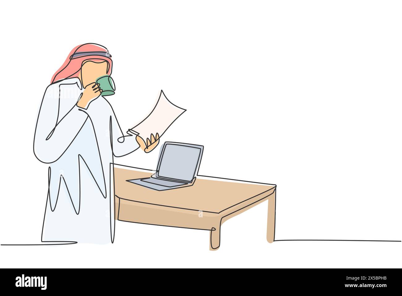 Single continuous line drawing of young muslim businessman reading ...