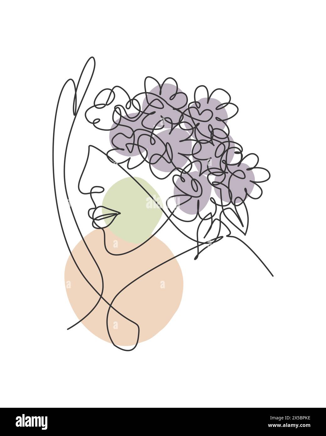 One single line drawing abstract face with natural flowers vector ...
