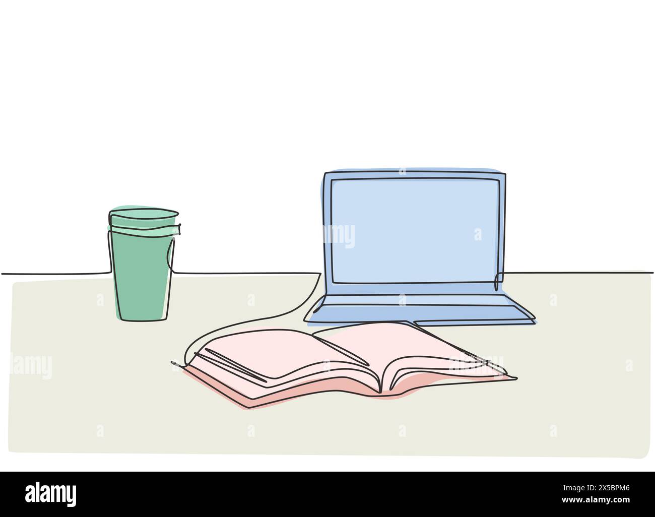Single continuous line drawing of computer laptop, paper cup of coffee ...