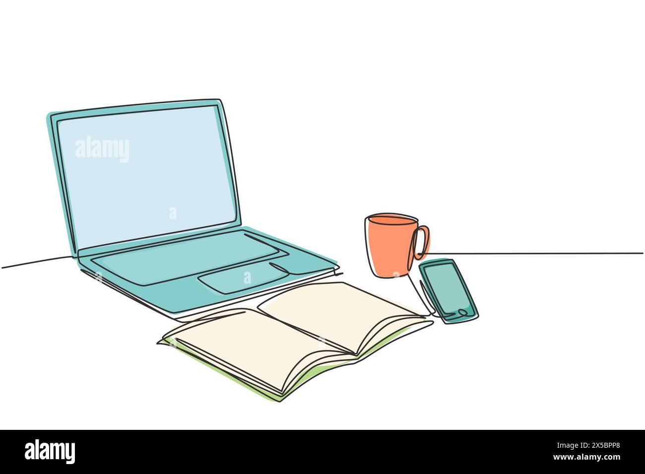 One single line drawing of computer laptop, smartphone and a cup of coffee and at business ...