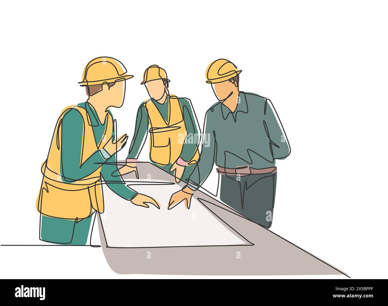 One continuous line drawing of young architects discussing construction ...