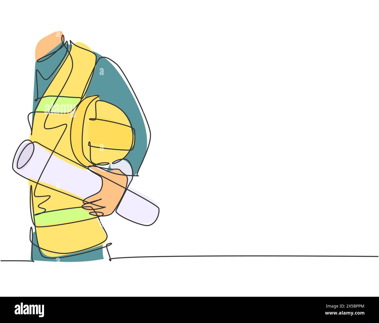 Single continuous line drawing of young architect holding helmet and ...