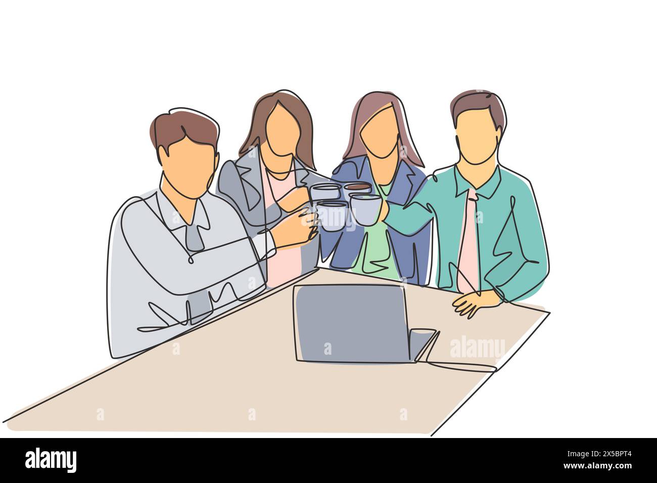 Single continuous line drawing of young male and female office workers ...