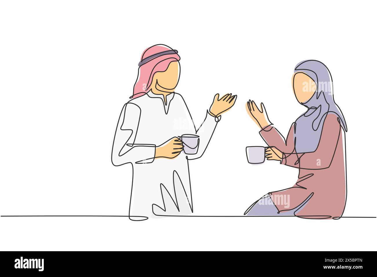 One continuous line drawing of young muslim and muslimah couple talking ...