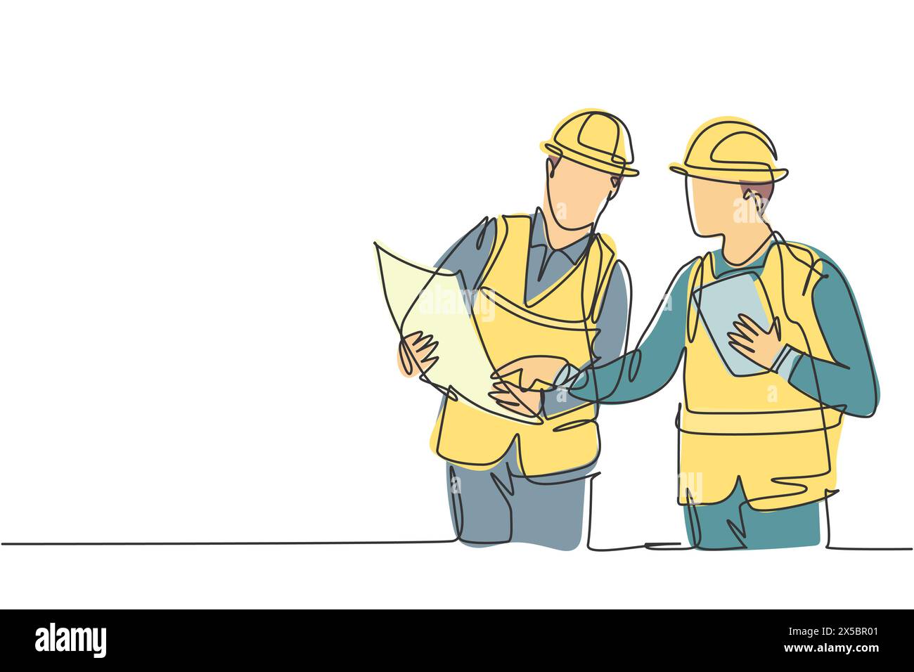 One single line drawing of young architect and engineer discussing ...