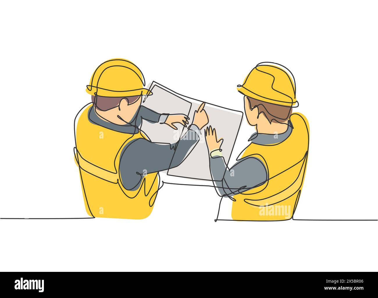 One continuous line drawing of young architect meeting at construction ...